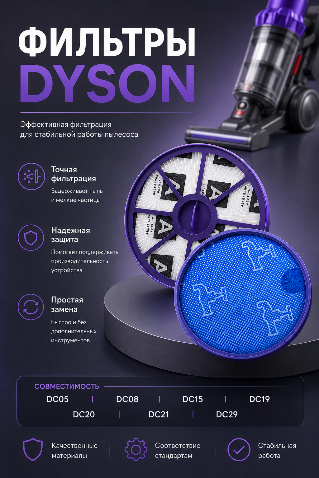 Фильтр для пылесоса Dyson предмоторный и HEPA C05, DC08, DC15, DC19, DC20, DC21, DC29.