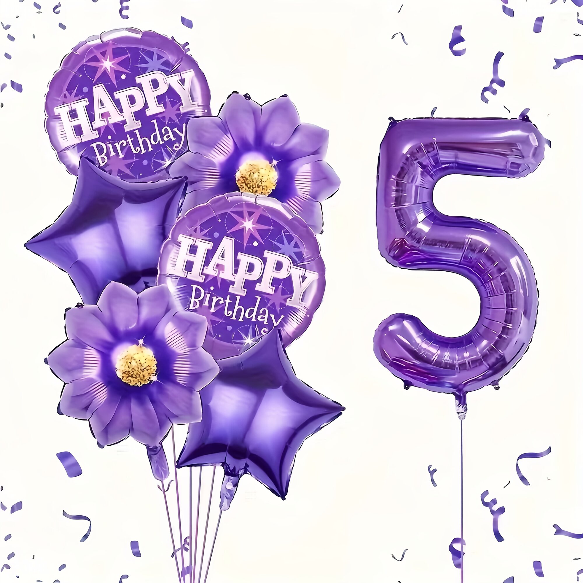 Набор из 7 фиолетовых фольгированных шаров-цифр "5" для дня рождения, свадьбы и Рождества