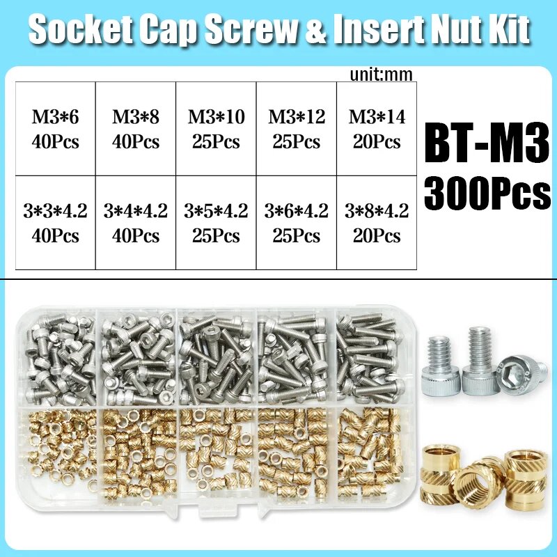 Комплект латунных вставок и винтов из нержавеющей стали M2 M3 M4 Socket Head Bolt BT3