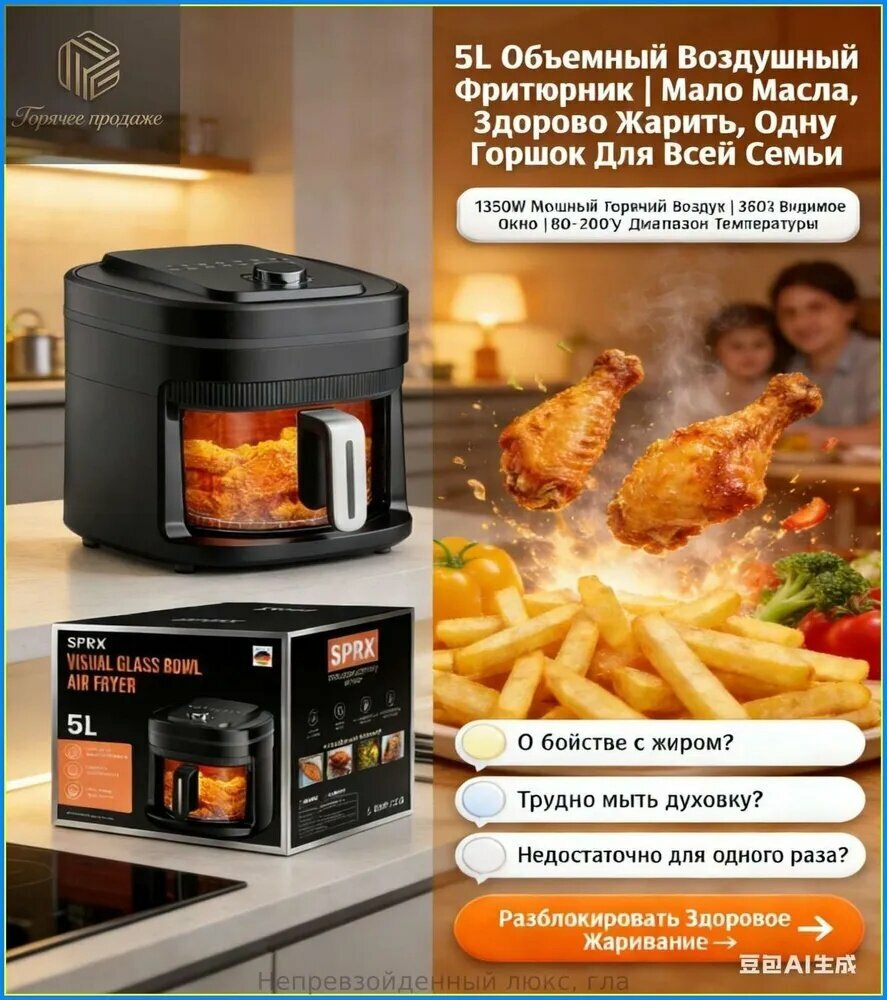 Аэрогриль WAF 515 GB Air Cook Master, Мощность 1500 Вт, Объём чаши 5.5 литров, 7 Автоматических программ, Циркуляция воздуха 360°, Ручной режим, Технология OilFree, Сенсорное управление, Стеклянная чаша, Таймер с автоотключением, черный