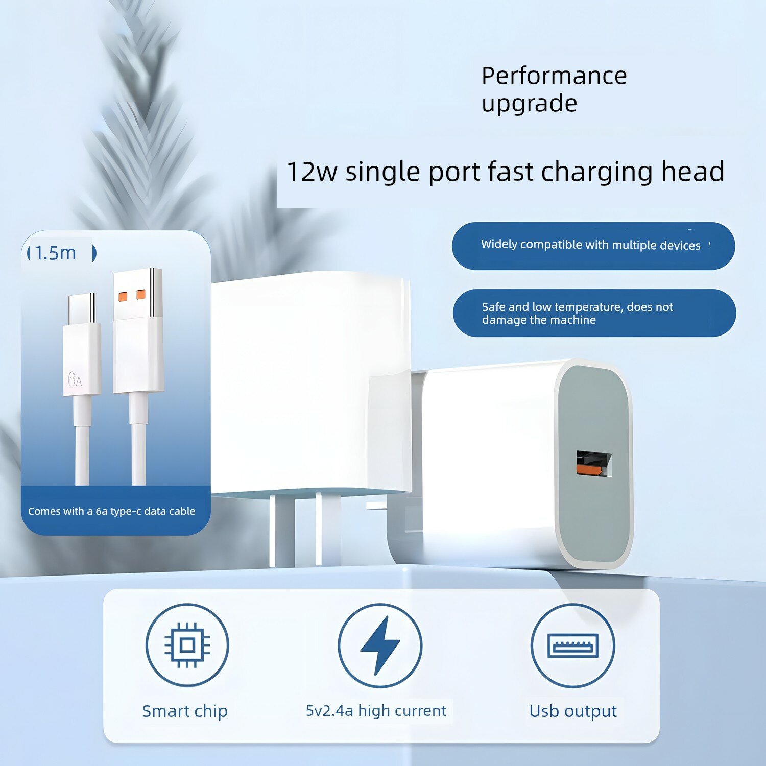5V 2.4A Однократное USB-зарядное устройство с Type-C кабелем - Универсальная быстрая зарядка для современных устройств