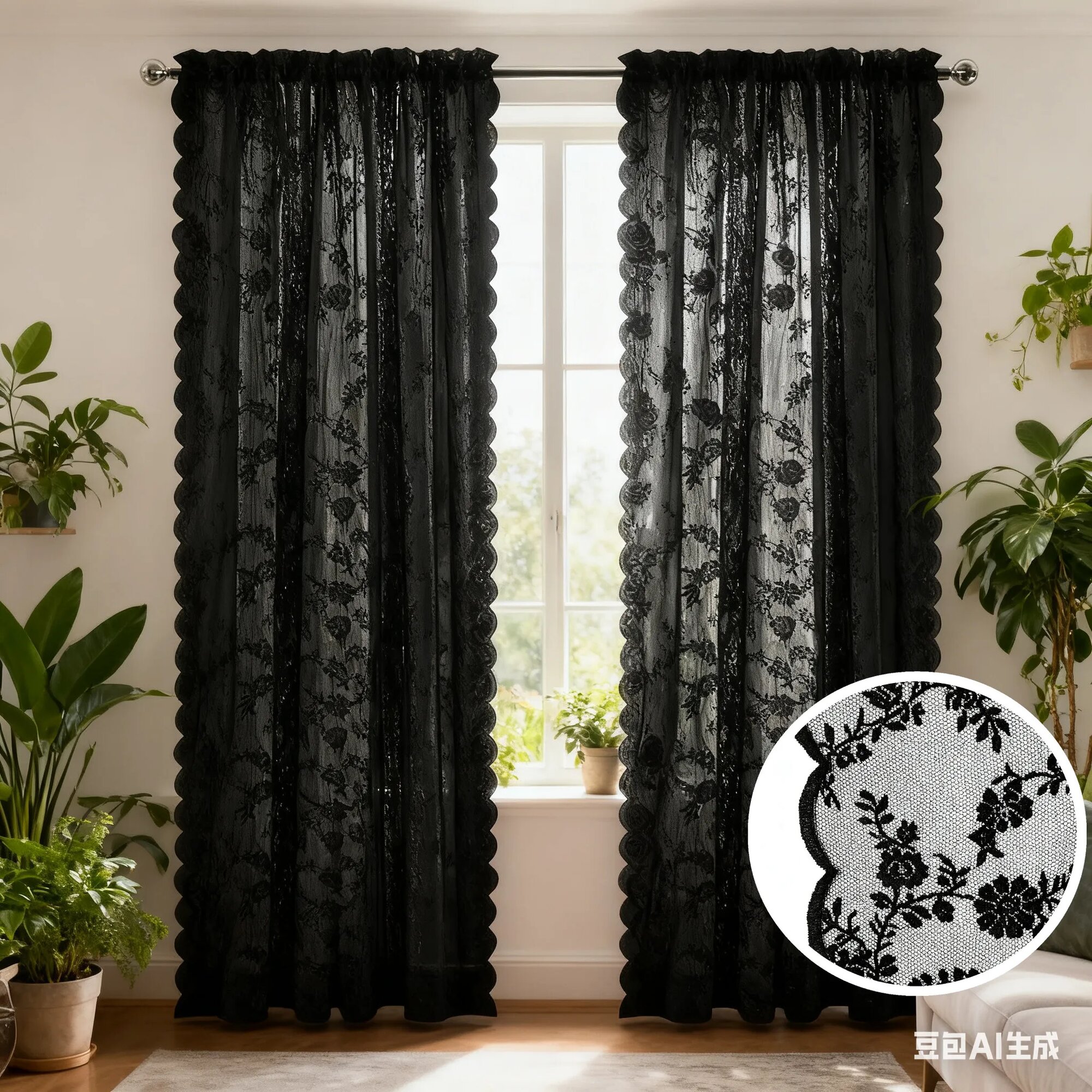 Кружевные шторы из полиэстера White Floral Embroidered 1 Panel 145x114cm, Черный, Black