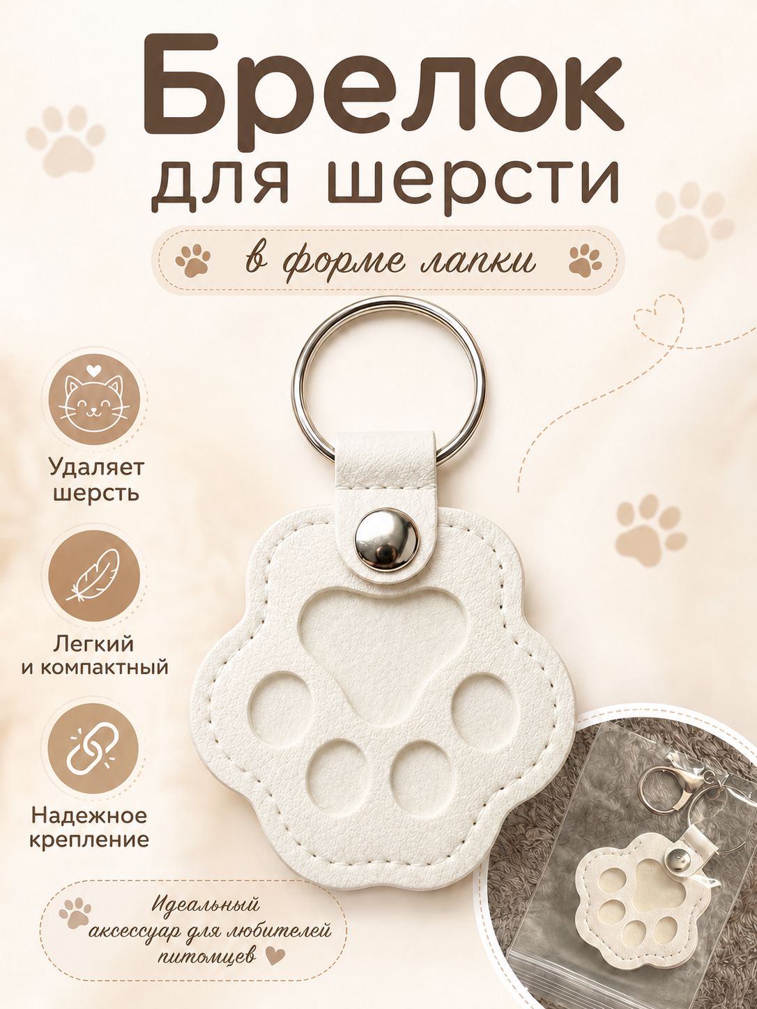 Брелок для хранения шерсти питомца Лапка , капсула для шерсти кошек и собак, брелок на ключи, белый с карабином