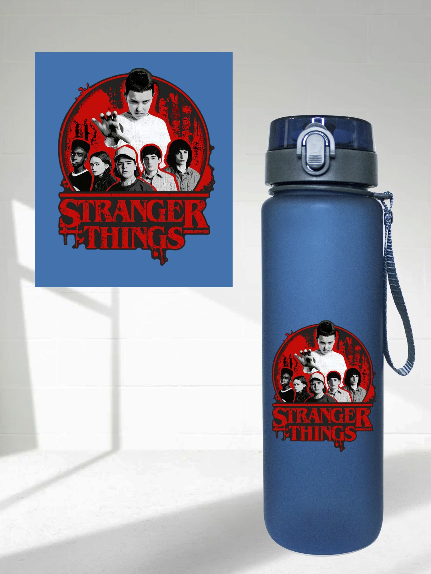 Бутылка для воды ОСД (Очень странные Дела / Stranger Things), 1000 мл, спортивная, синяя
