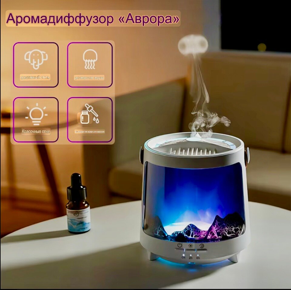 Увлажнитель воздуха, ультразвуковой аромадиффузор для эфирных масел Aurora с эффектом пламени,250 мл. белый