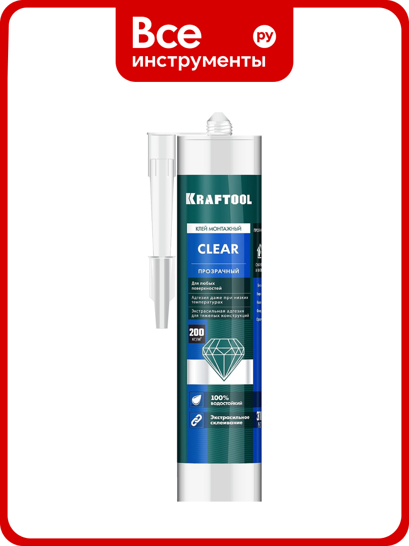 Монтажный клей Kraftool KraftNails Premium KN-601T, суперсильный, прозрачный, 310 мл 41342, пластиковый, декора