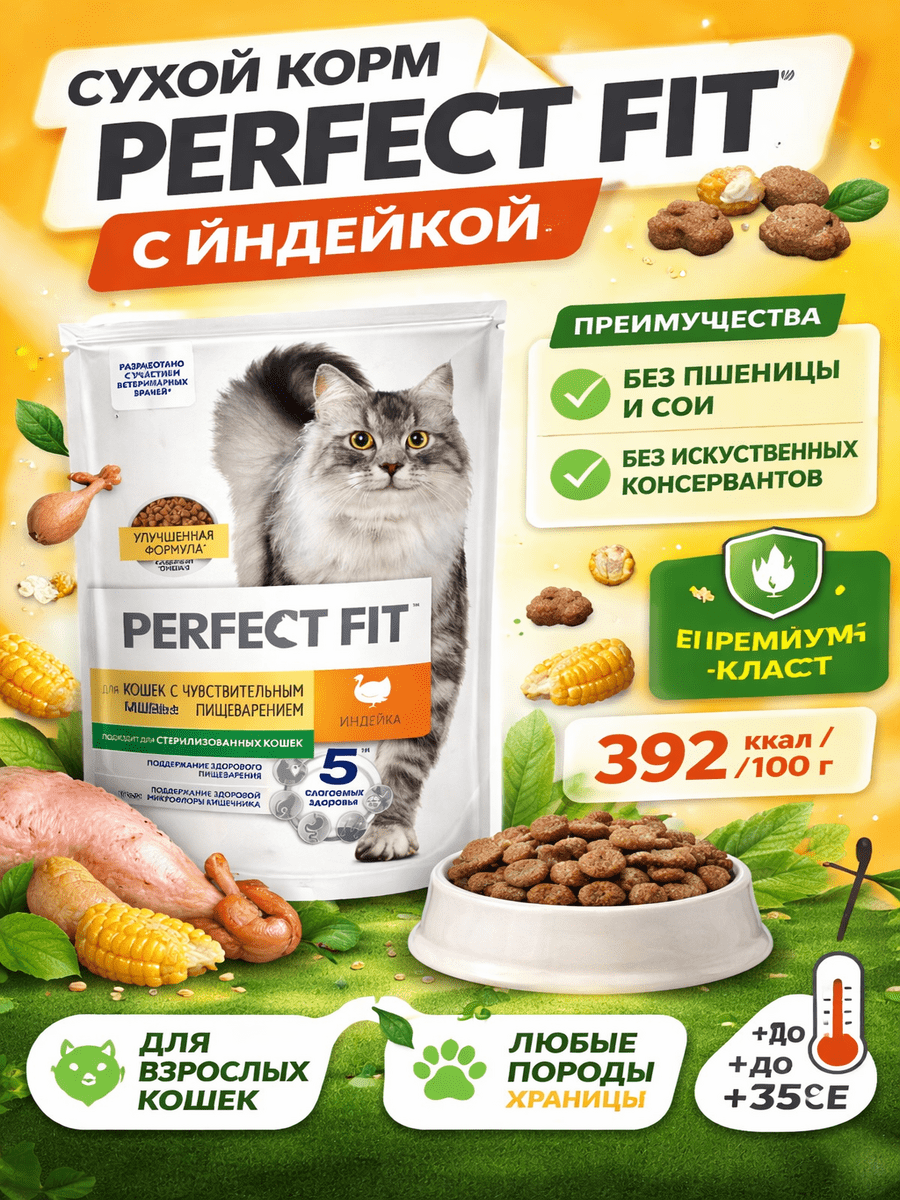 Корм сухой Perfect Fit для кошек с чувствительным пищеварением с индейкой, 650г