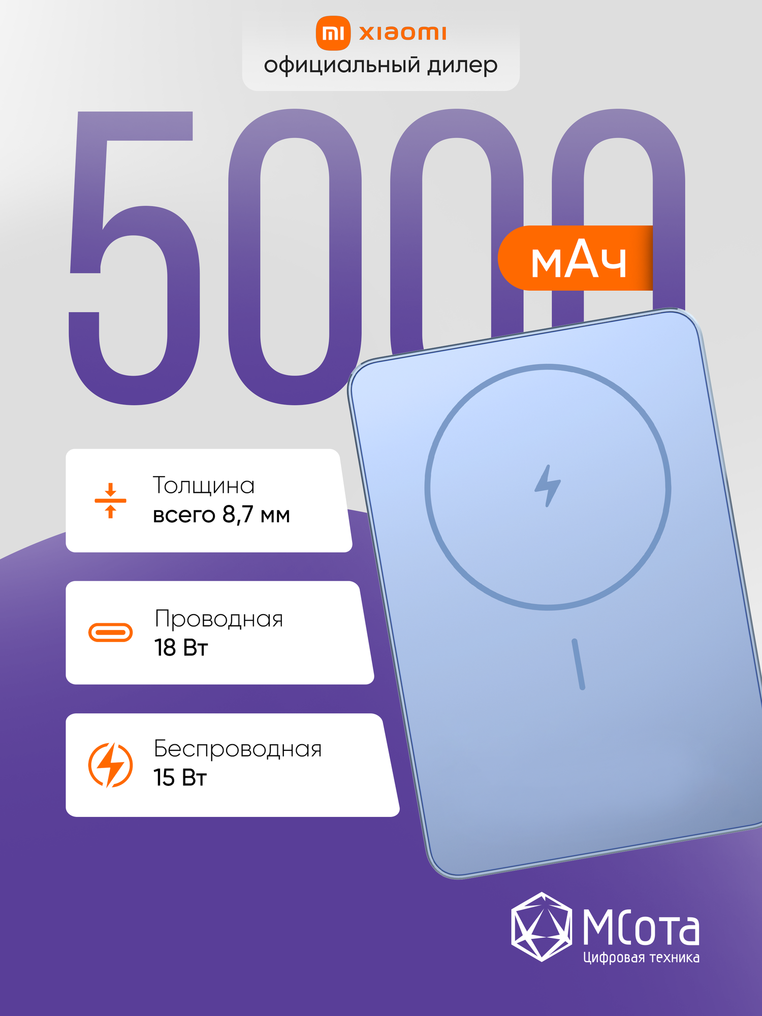 Внешний аккумулятор Xiaomi Super Slim Magnetic Power Bank, 5000 mAh, голубой, беспроводная зарядка