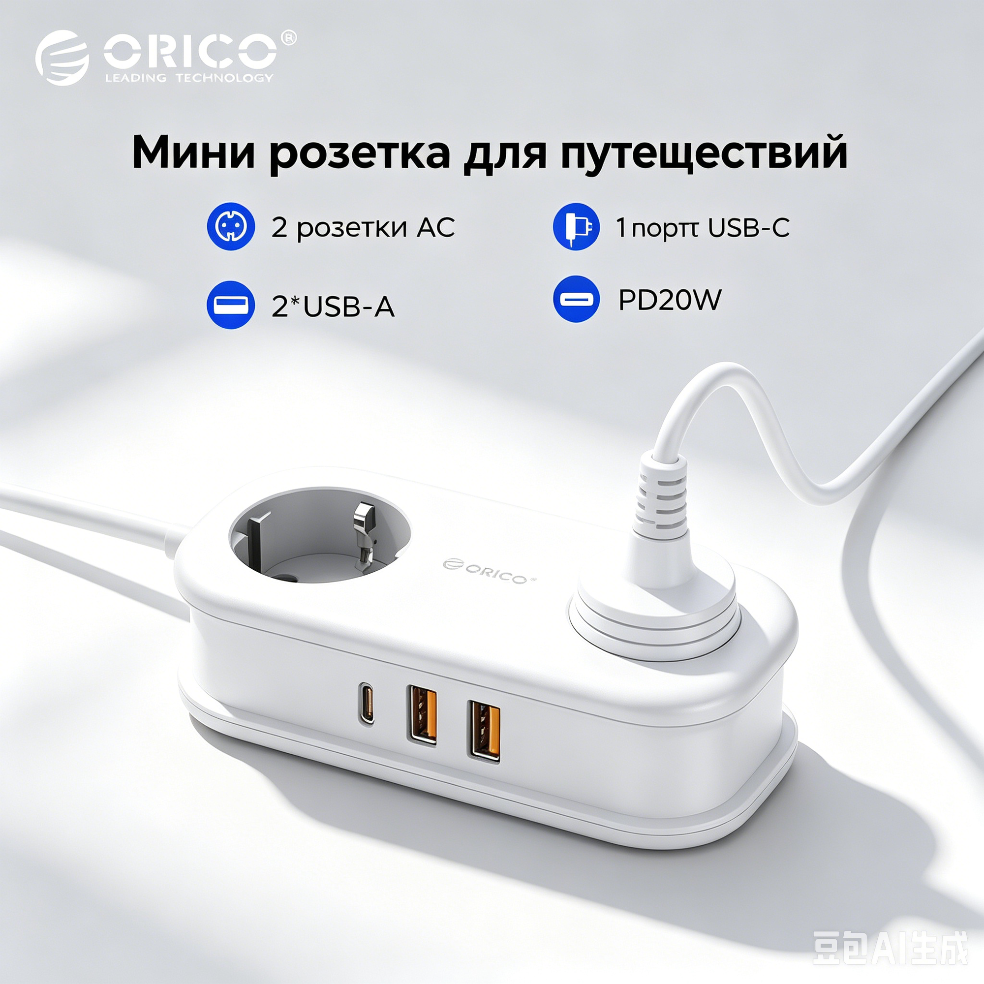 Удлинитель дорожный с быстрой зарядкой PD 20W и намоткой кабеля, 2 розетки Schuko + 3 USB (2A+1C), 1.53м, для путешествий, черный/белый