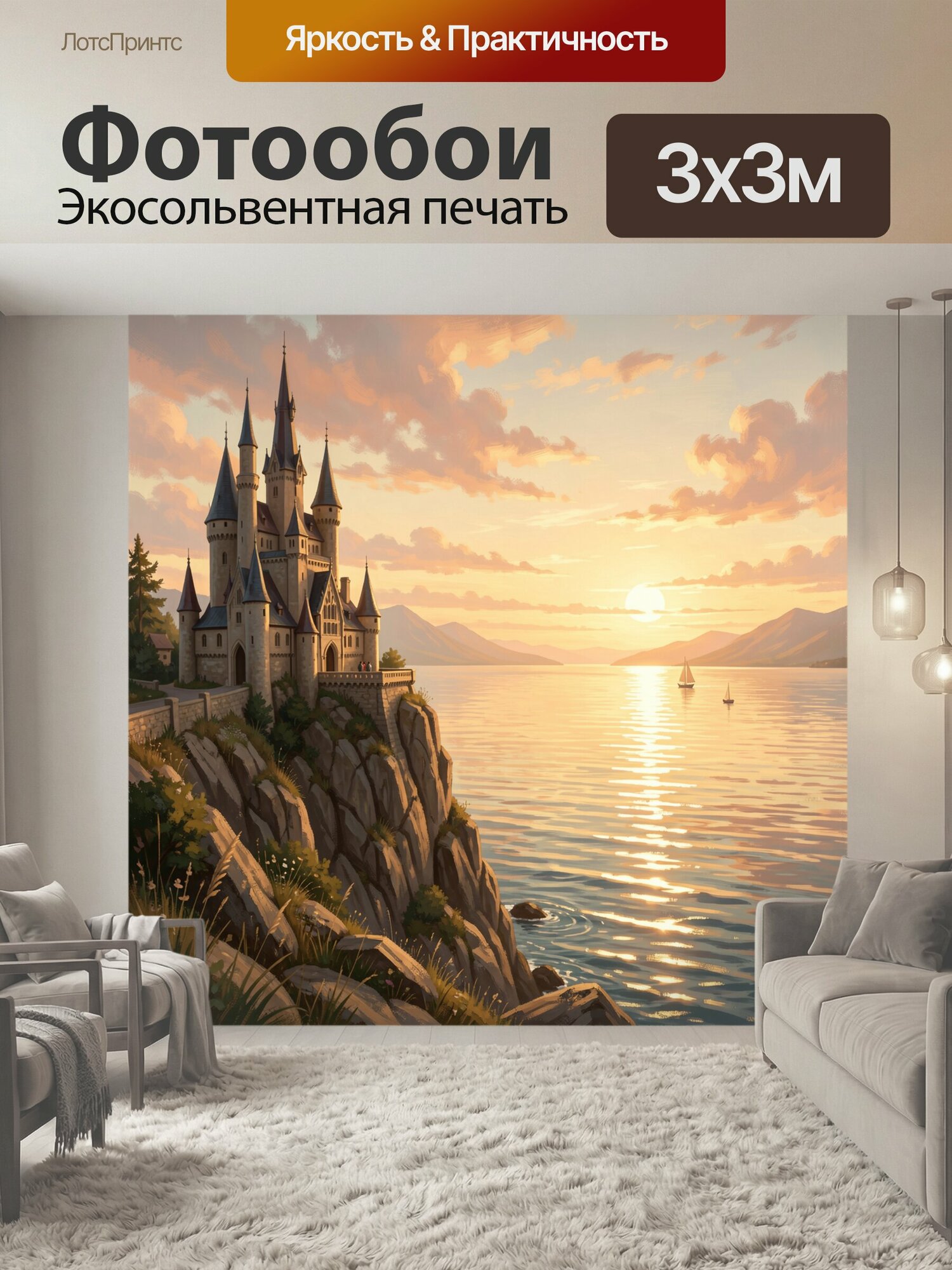 Фотообои "Замок на скале у озера. Сказочный средневековый дворец на утесе над спокойной водой, тёплый закатный свет, розово-золотые облака." 300x300 см. экосольвентная печать
