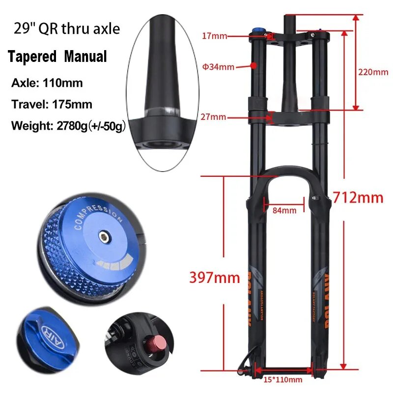 BOLANY Вилка MTB 29" 180мм, коническая труба, Color: 29