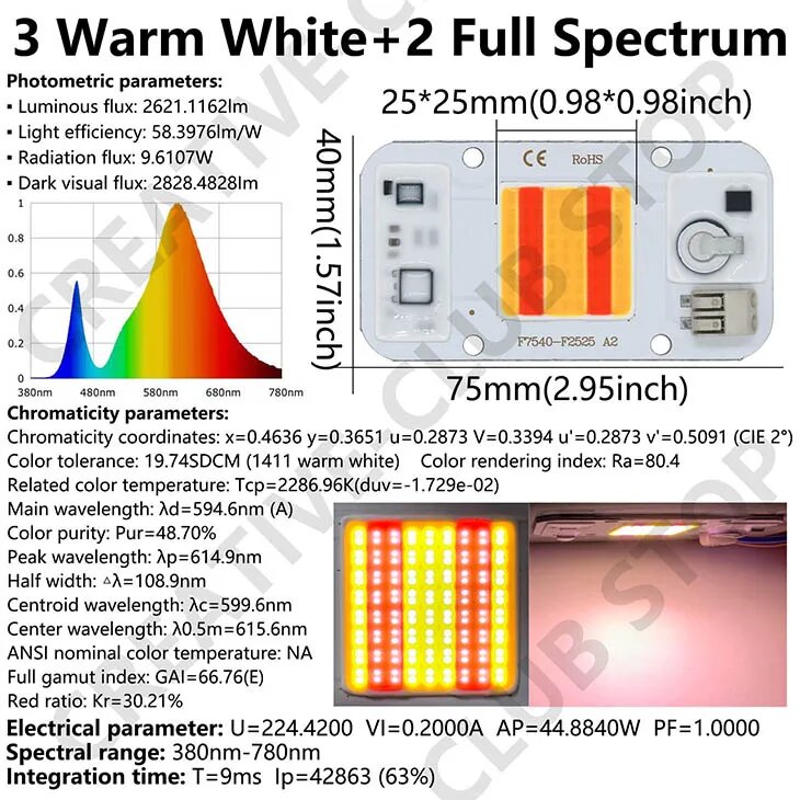 Фитолампа 50 Вт, 3 Warm + 2 Full Spectrum, 25*25мм