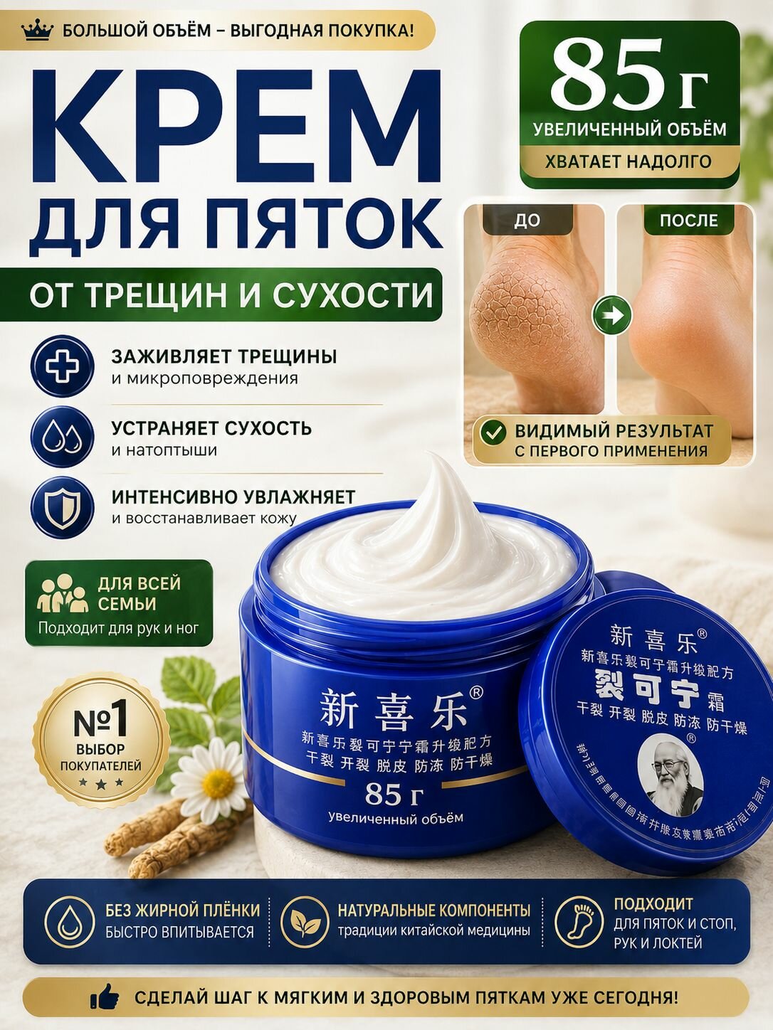 Крем для пяток с мочевиной Sumifun 85 г, крем для ног от трещин и сухости, средство от натоптышей без запаха