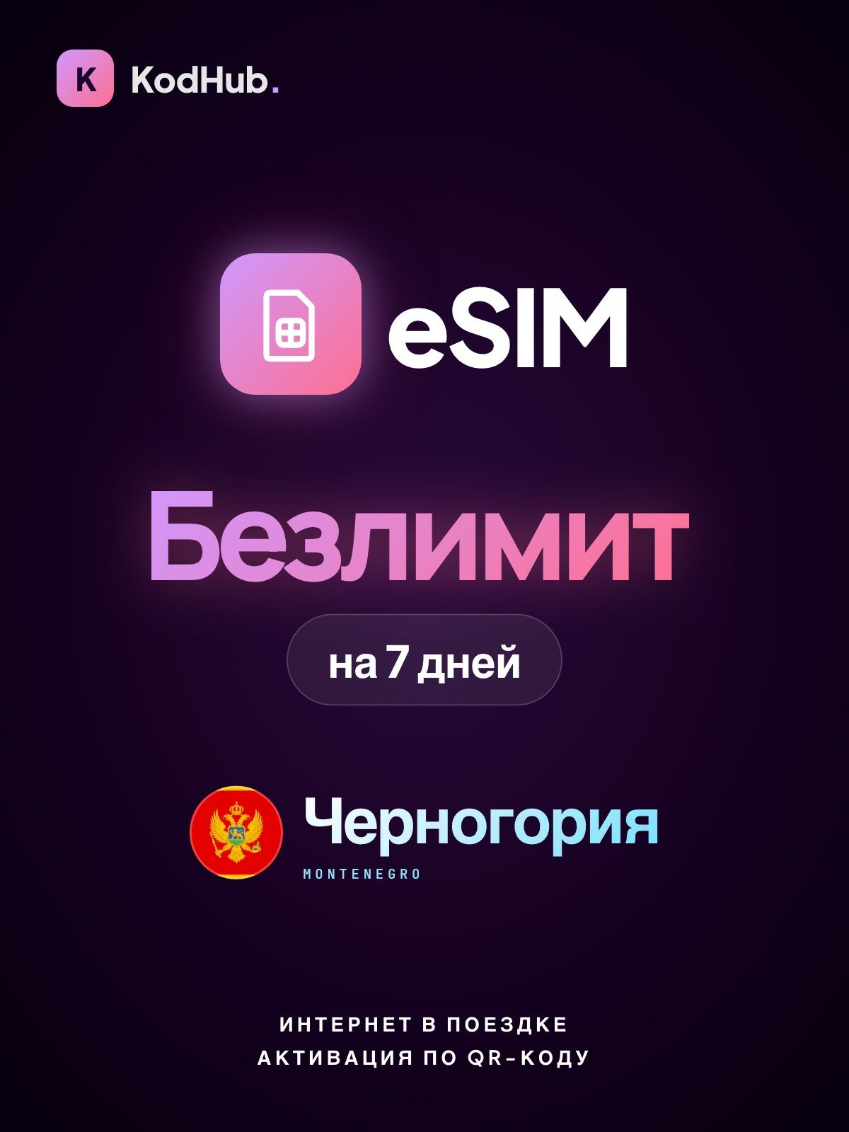 Туристическая eSIM Черногория безлимит на 7 дней | интернет в поездке, связь за границей | QR-код активации
