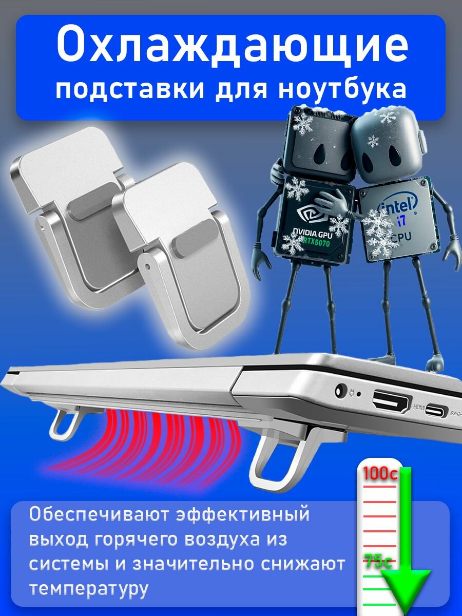 Ножки для ноутбука 2 шт, серебристые прочные пластиковые подставки с эффективным охлаждением и эргономичным подъёмом. Универсальные ножки под все модели ноутбуков.