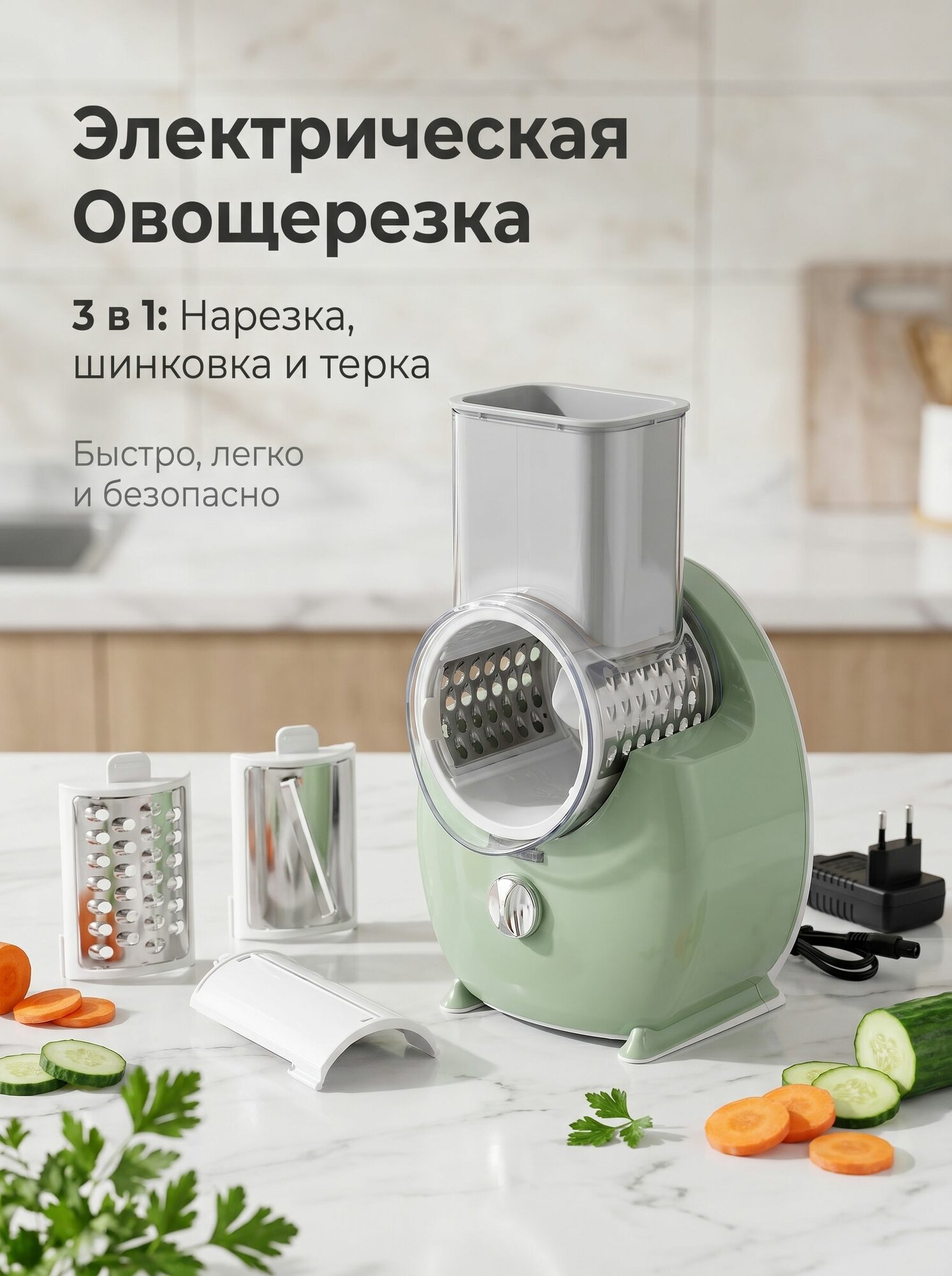 Электрическая овощерезка с сетевым питанием, 3 насадки, для нарезки и натирания овощей, фруктов и сыра