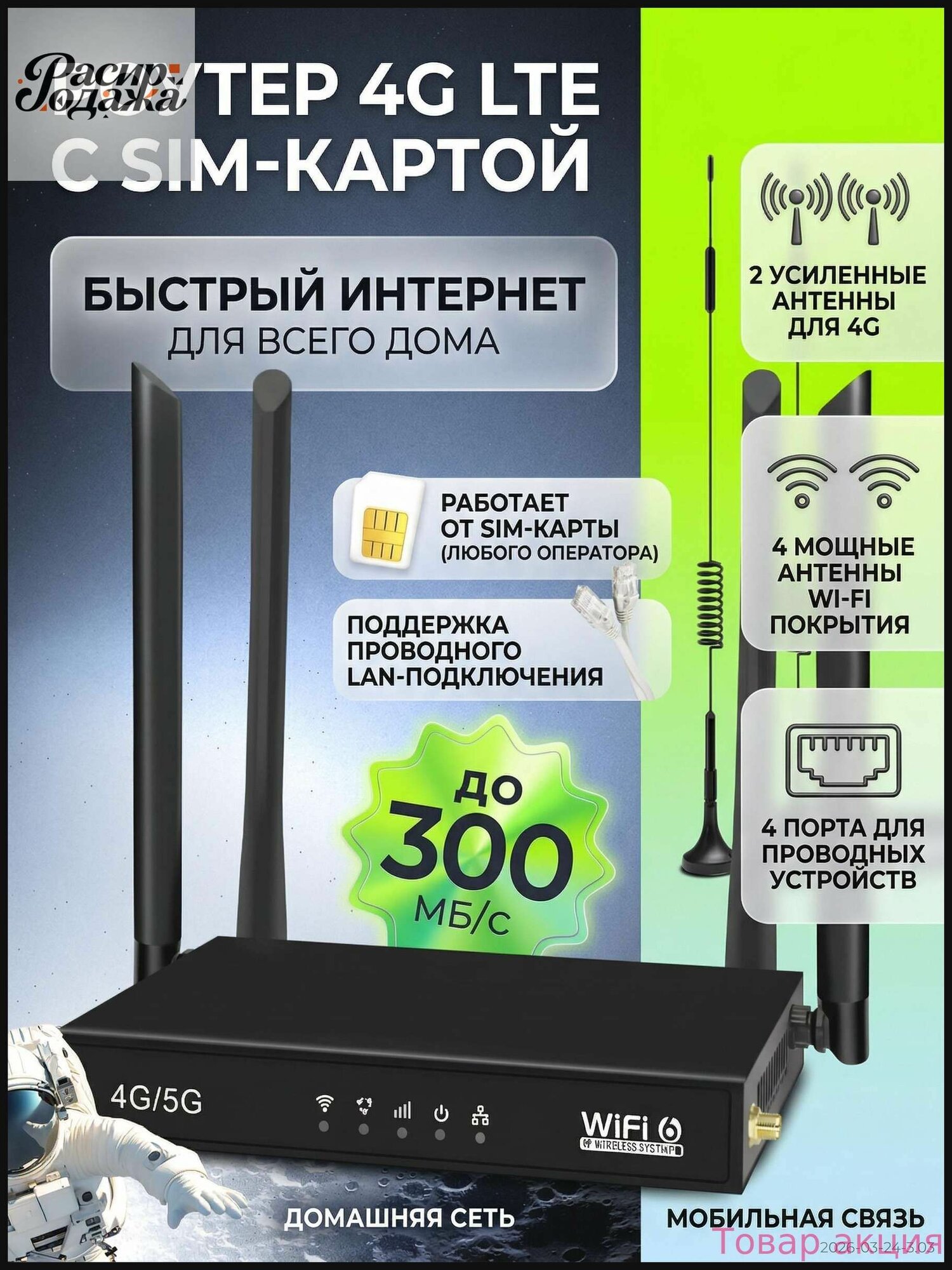Роутер 4G LTE с SIM картой, Wi-Fi роутер с 6 антеннами для дома