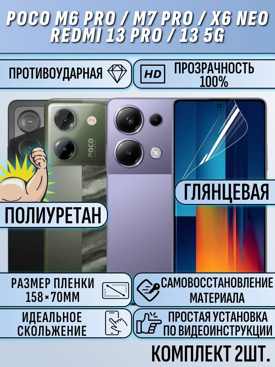 Гидрогелевая пленка POCO M6 Pro / M7 Pro / X6 Neo / поко M про / M7 про / X6 нео глянцевая 2шт