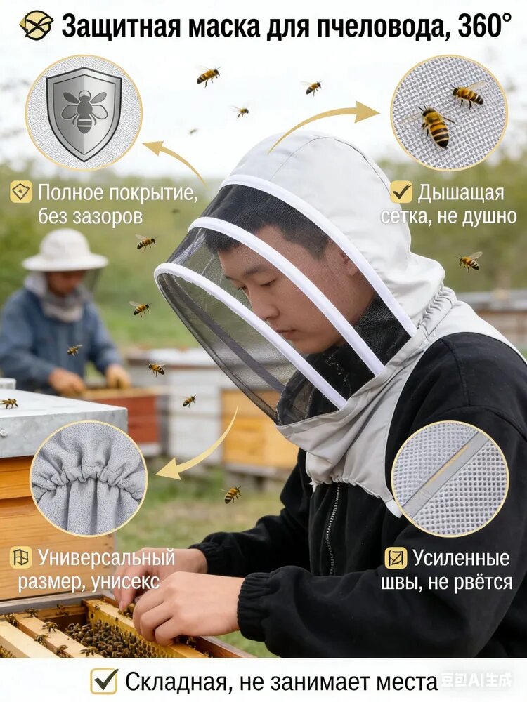 Защитная маска для пчеловода, с сеткой из нержавейки - 360 покрытие, дышащая ткань - для пасеки, сбора роя, защиты от укусов, универсальный размер, бело-серая, складная
