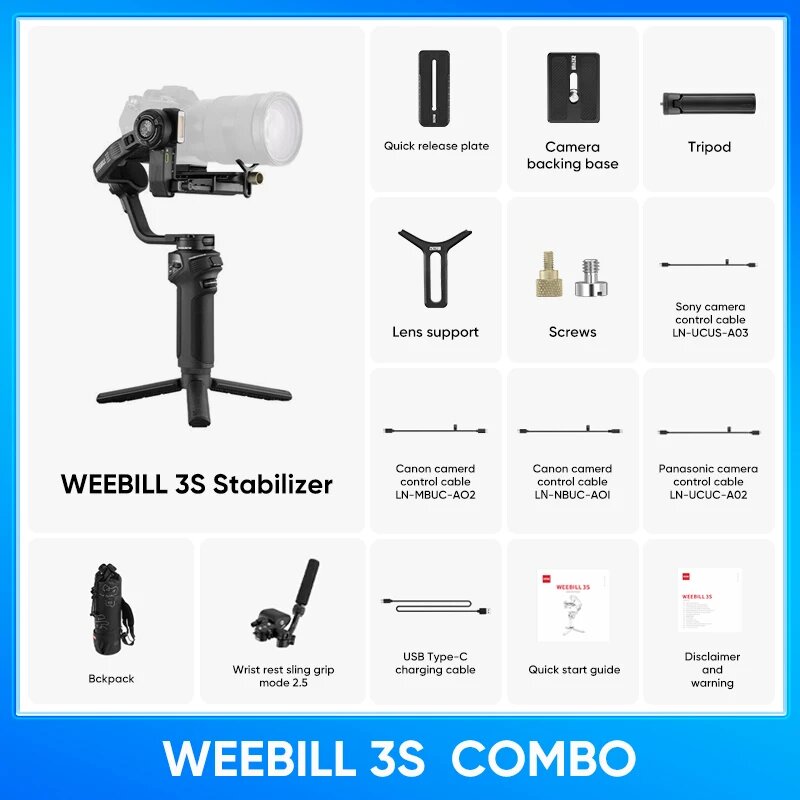 Стабилизатор Zhiyun Weebill 3S Combo для DSLR/беззеркальных камер Sony/Nikon/Canon/Panasonic LUMIX, с выдвижной рукояткой-ремнем