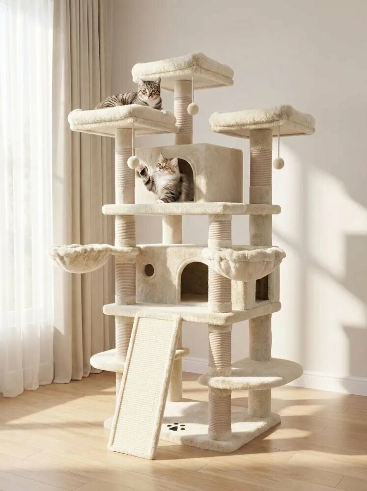 Кошачий Игровой Комплекс (когтеточка-домик) 173 См, Многоуровневый, Сизалевые Столбики, Основание 60 50 См