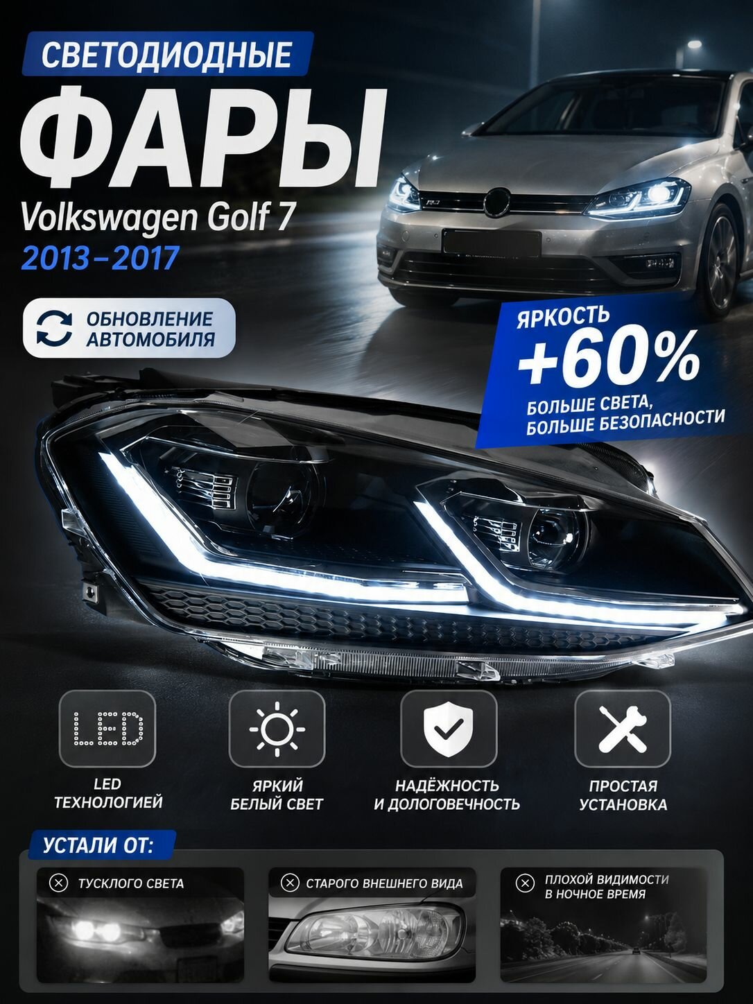 Фары для Volkswagen Golf 7 (2013-2017): LED линзы, динамические поворотные сигналы，полный комплект (левая+правая)