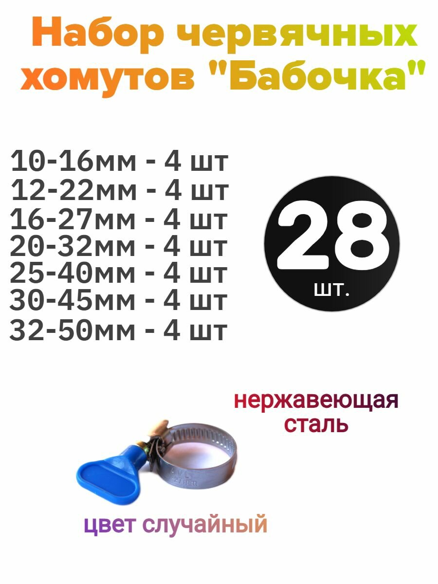 Хомут 9мм x 16, 22, 27мм от 10мм до 50мм, 28 шт, Нержавеющая сталь, Пластик