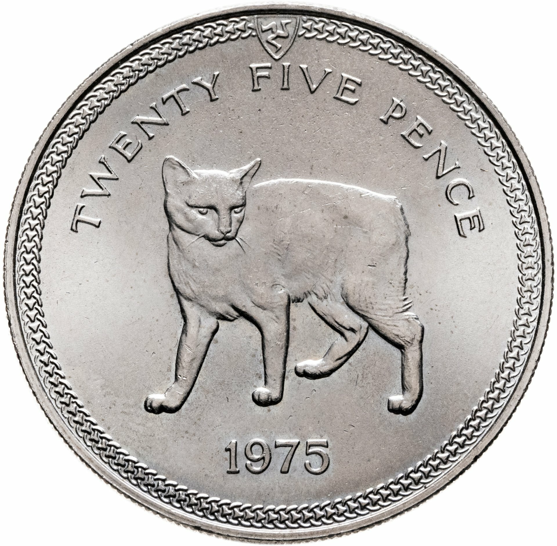 Остров Мэн 25 пенсов pence 1975 "Мэнкс - мэнская бесхвостая кошка", Мельхиор медь-никель, в сохранности AU-UNC