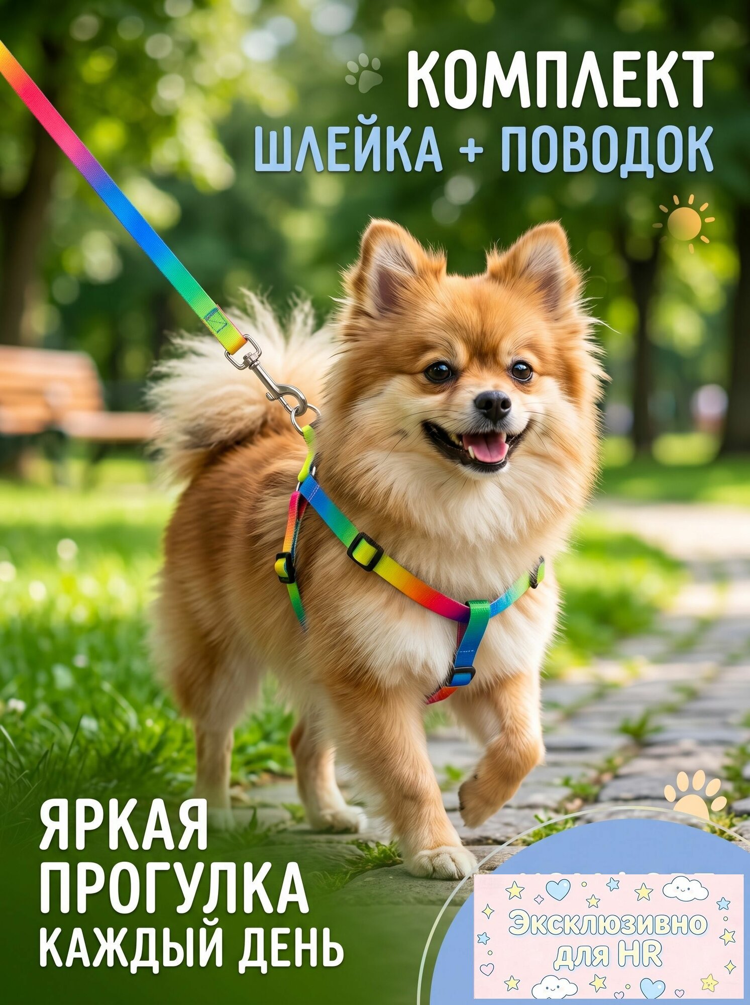 Шлейка с поводком для кошек, радуга, капрон, поводок 120x1 см, шлейка 24-34x1 см