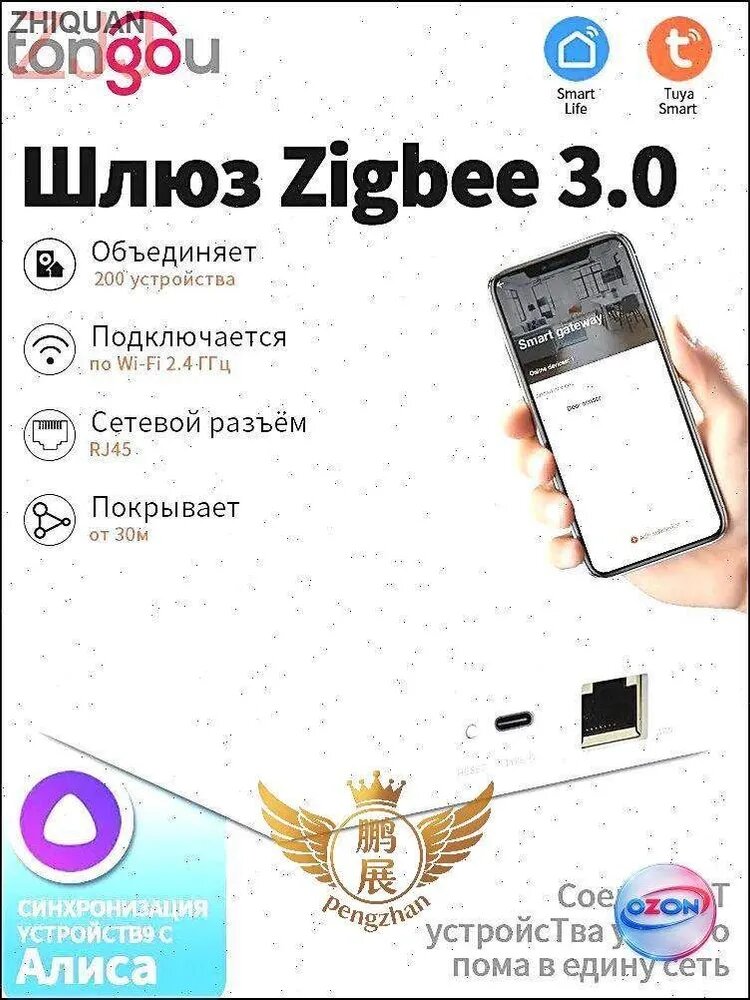 Шлюз Zigbee3.0 Tuya с Алисой Проводной Хаб, Совместим с Alexa, Управление через Smart Life App