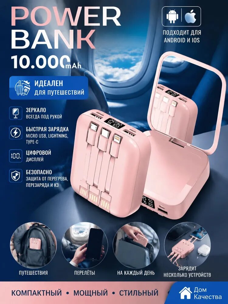Внешний аккумулятор повербанк, 10000 мАч, 10000 Вт, светло-розовый