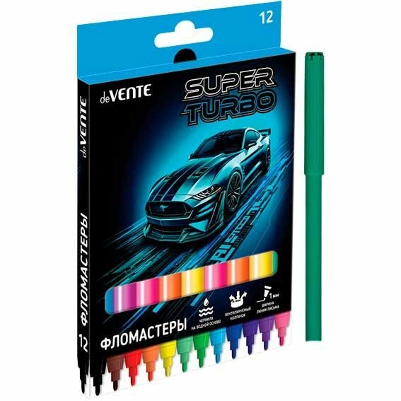 Фломастеры deVENTE Super Turbo 12 цветов, арт. 5081635, вентилируемый колпачок, картонная коробка, европодвес