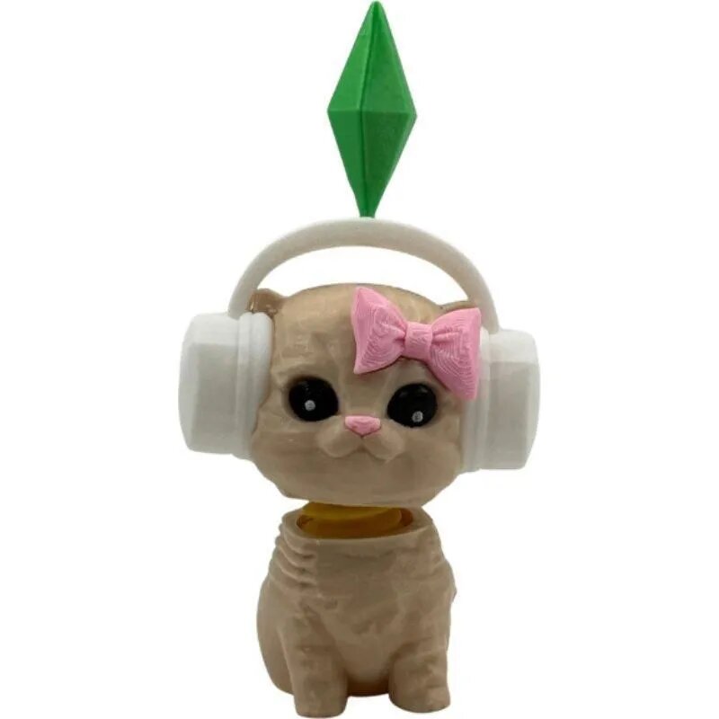 Фигурка котик из Sims с качающейся головой (Bobblehead), Кот в наушниках с кристаллом из Симс, Трендовая 3D-игрушка на стол, Мемный сувенир для геймера