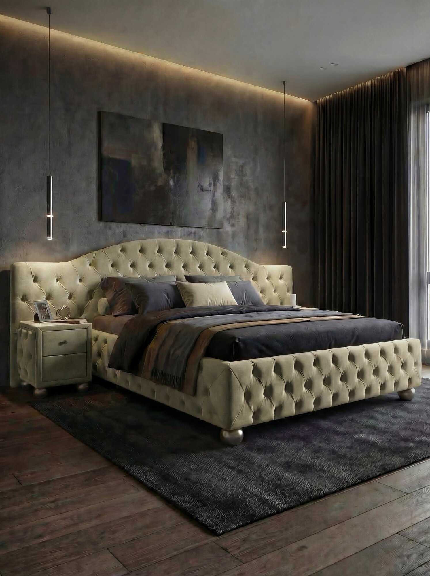 Двуспальная кровать 160x200, Letto King Size, с мягким изголовьем, с ящиком, велюр, оливковый
