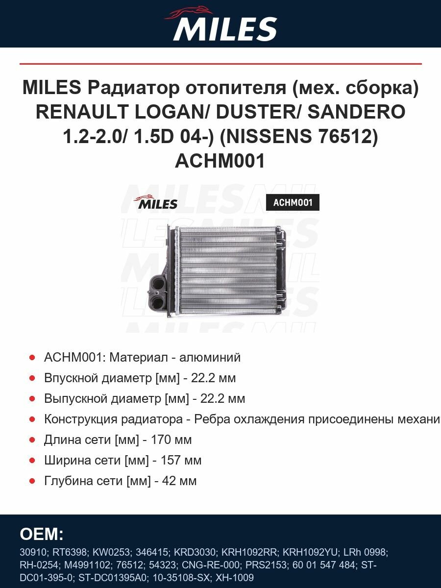 MILES Радиатор отопителя (мех. сборка) RENAULT LOGAN/ DUSTER/ SANDERO 1.2-2.0/ 1.5D 04-) (NISSENS 76512) ACHM001