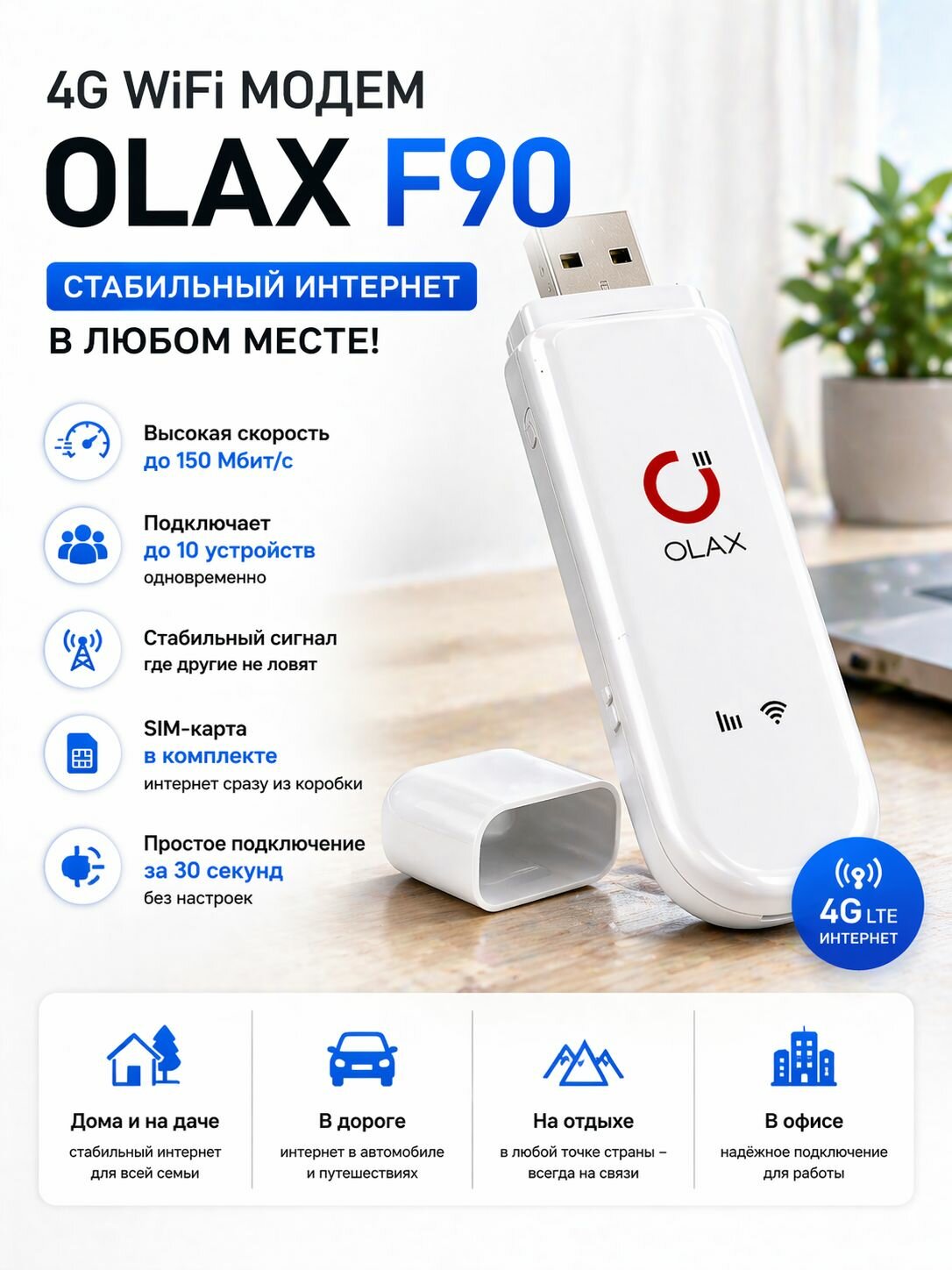 4G/LTE WI FI модем OLAX F90 любая сим карта