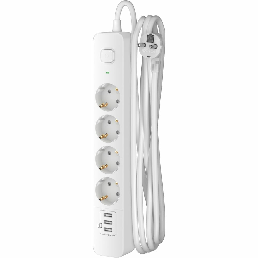 Удлинитель сетевой с USB, 2 м, 4 розетки, 16А, с заземлением, с выключателем, USB-A 3, 4A, Фотон, белый 25724
