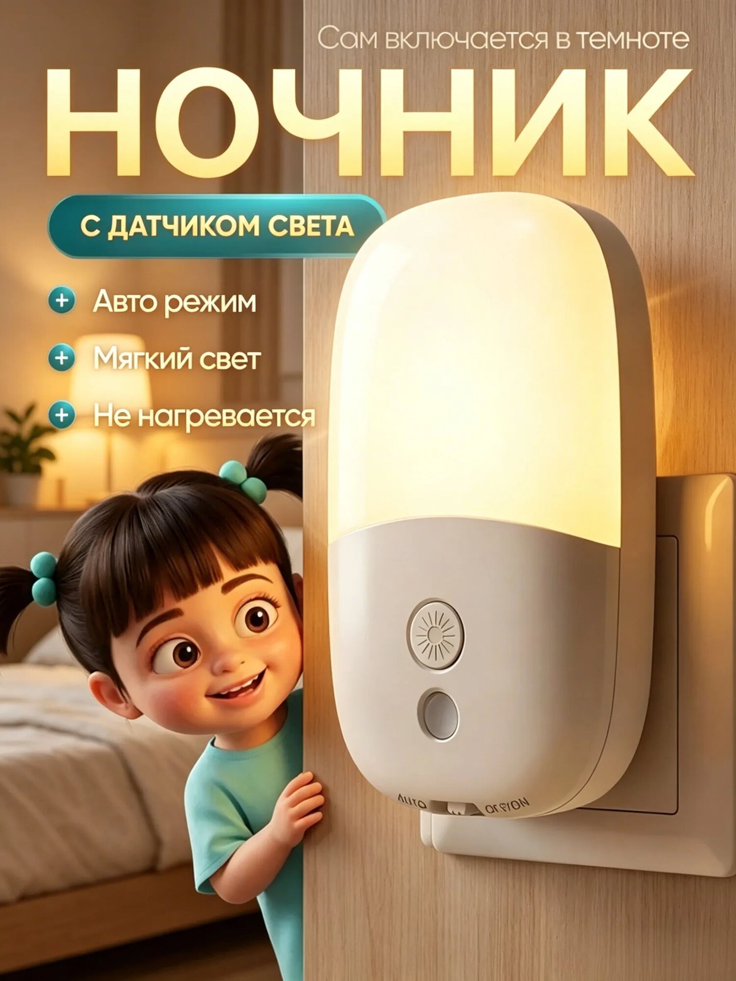 Ночник в розетку с датчиком света детский, светильник ночник для новорожденных с выключателем, мягкий свет