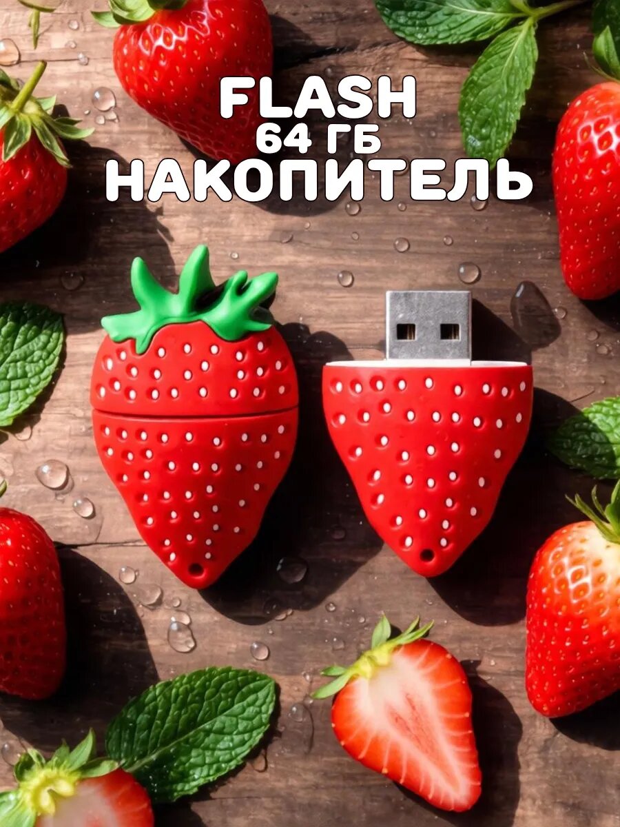 Flash накопитель "Клубника" 64 гб с USB+ Type-C