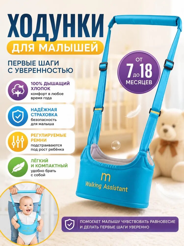 Вожжи для детей "первые шаги" для поддержки и безопасности малышей при ходьбе, детский поводок, ходунки, прыгунки, страховка, синий, Universal-Sale
