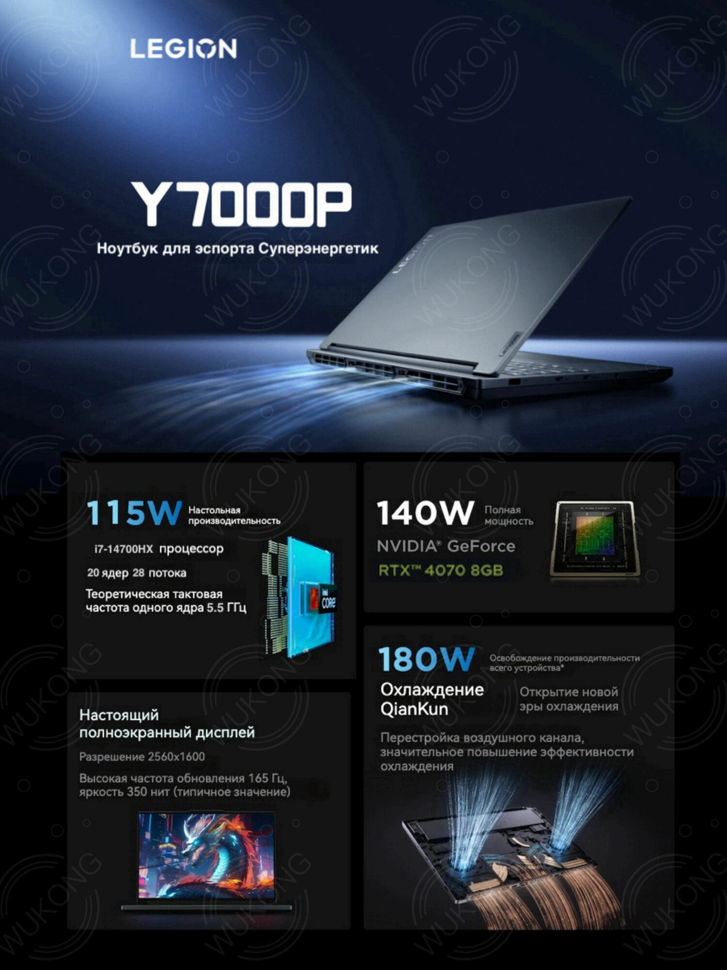 Игровой ноутбук Lenovo Legion/Y7000P，I7-14700HX，RTX4070，32ГБ/1ТБ, Русская раскладка — фото 1