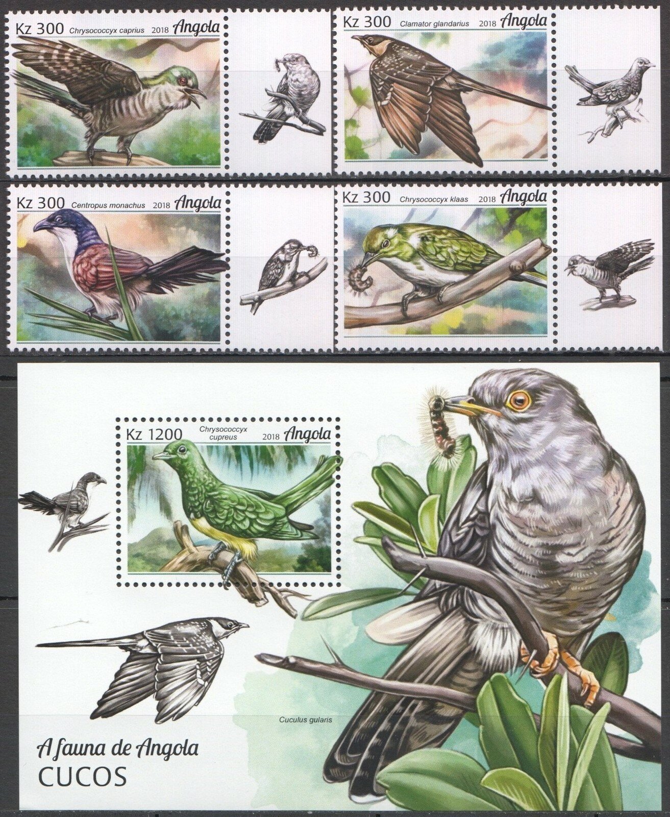Марки 2018 год Ангола Кукушки Птицы Фауна #1971-1974+Bl160 Mnh