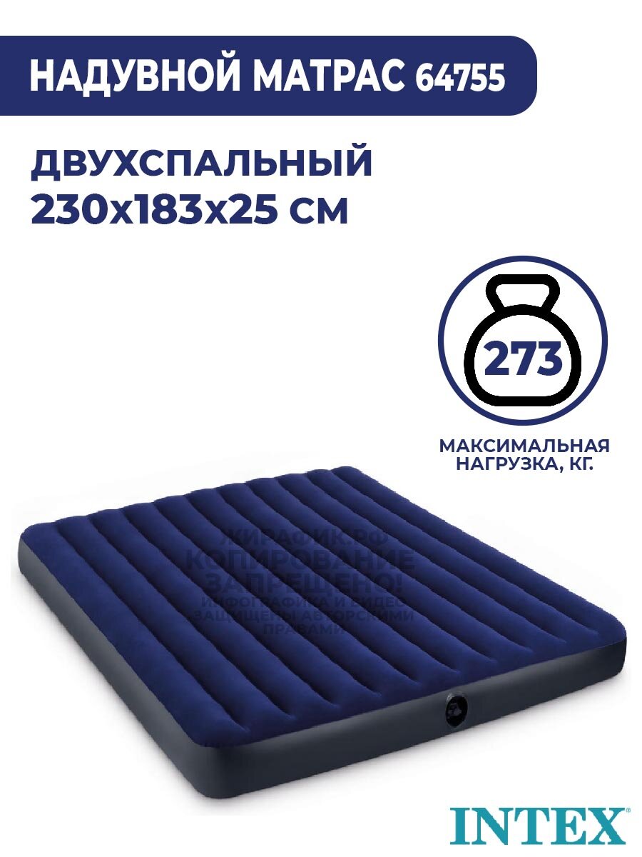 Надувной матрас двухспальный для сна 183x203x25 см Intex 64755