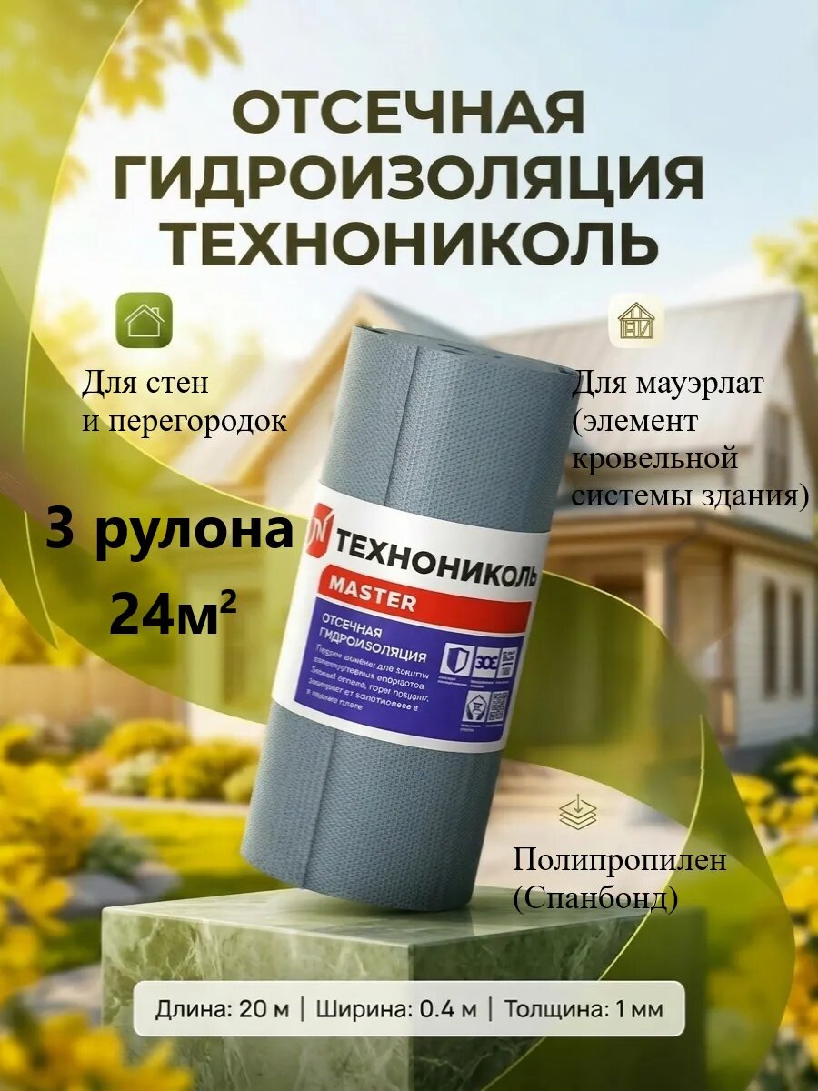 Отсечная рулонная гидроизоляция 400мм (20м), 3 рулона, стеклохолст, Технониколь