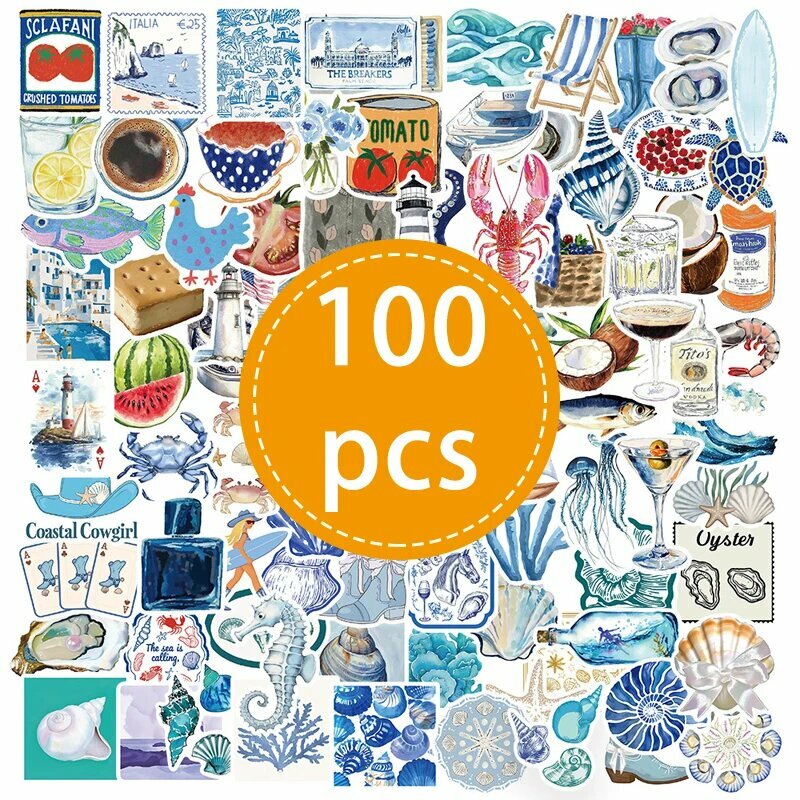 100 шт. летних наклеек "Blue Coast", синие, водонепроницаемые