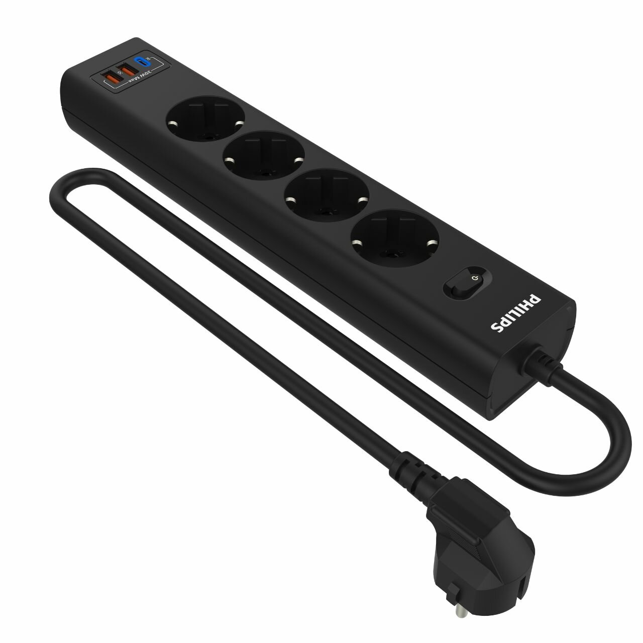Philips сетевой фильтр 4 Розетки с USB PD/QC3.0 (5/9/12В) 20Вт кабель - 5M черный