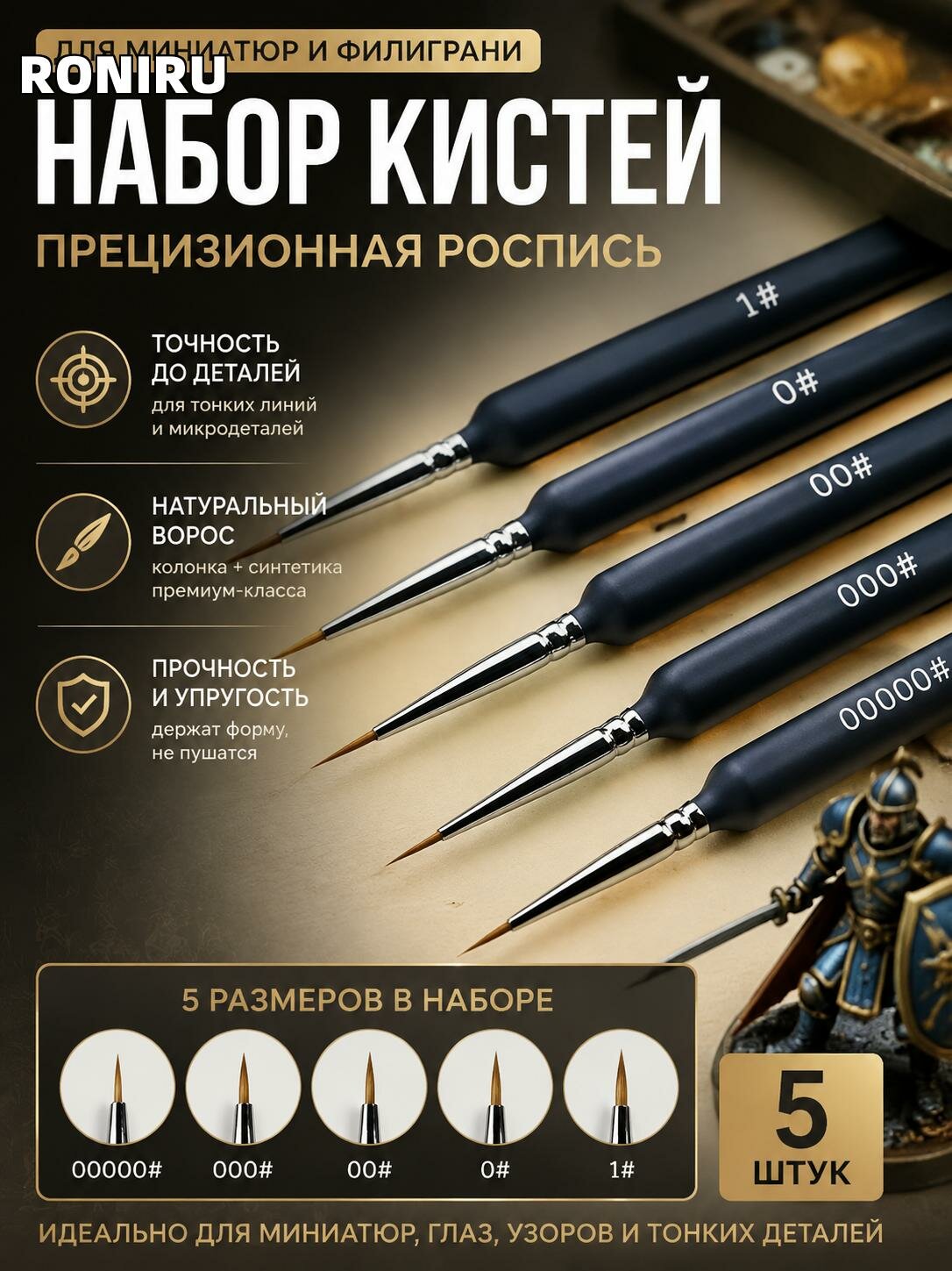 Набор кистей для росписи миниатюр S4 №00 S1 №1 K1 №0 — синтетика и колонка для филиграни и точечной прорисовки