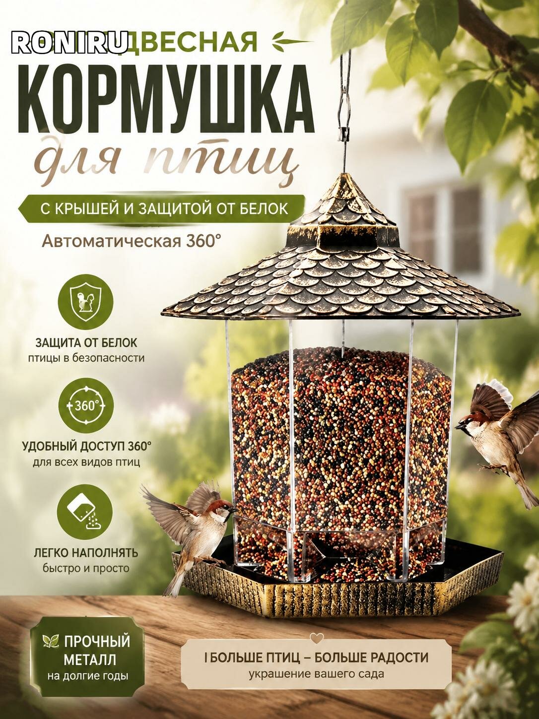 Кормушка для птиц подвесная металлическая с крышей — садовая 360° автоматическая кормушка с защитой от белок, легко наполнять!