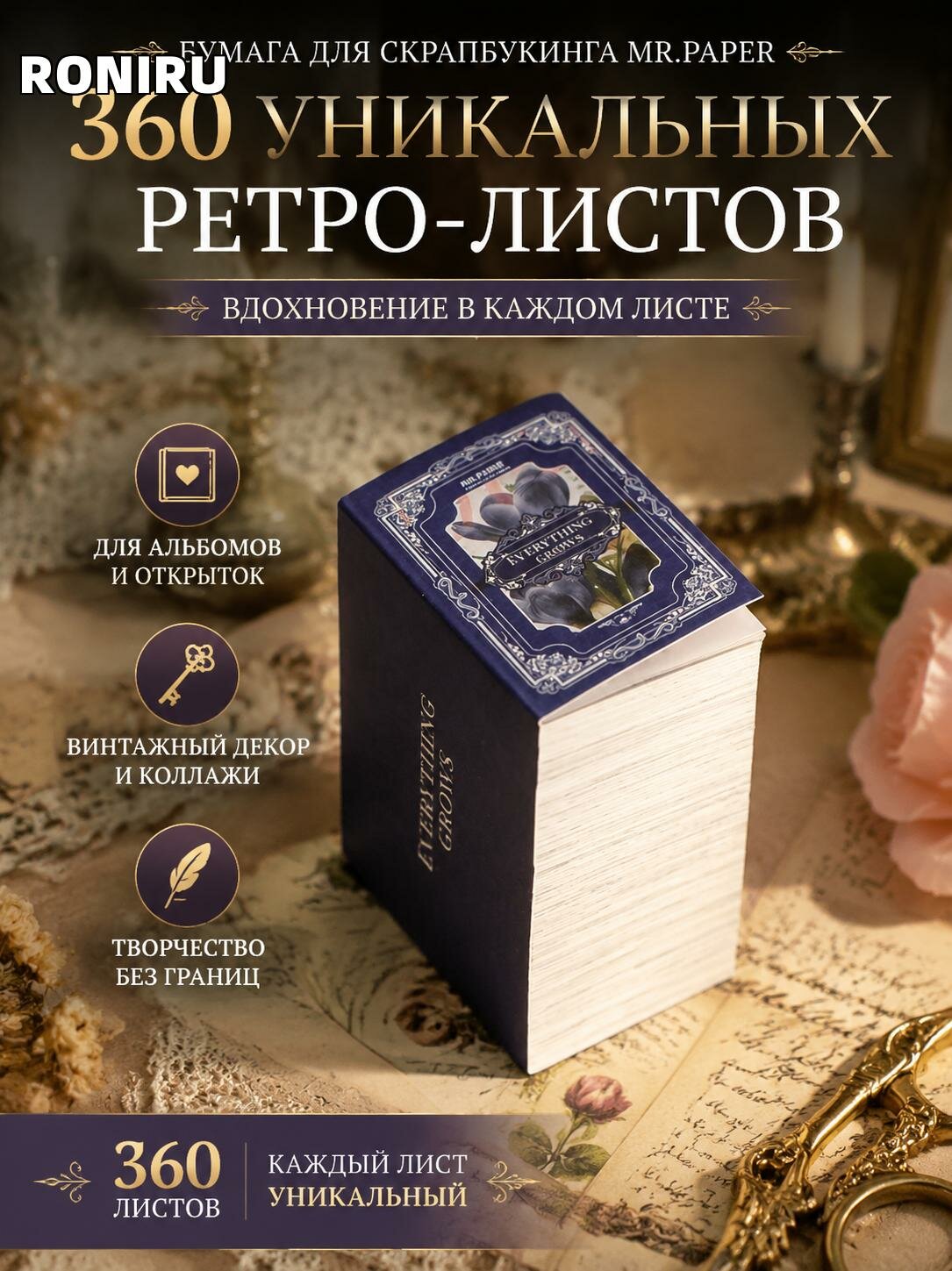 Бумага для скрапбукинга Mr.paper — 360 уникальных ретро-листов для альбомов, открыток и винтажного декора, творчества