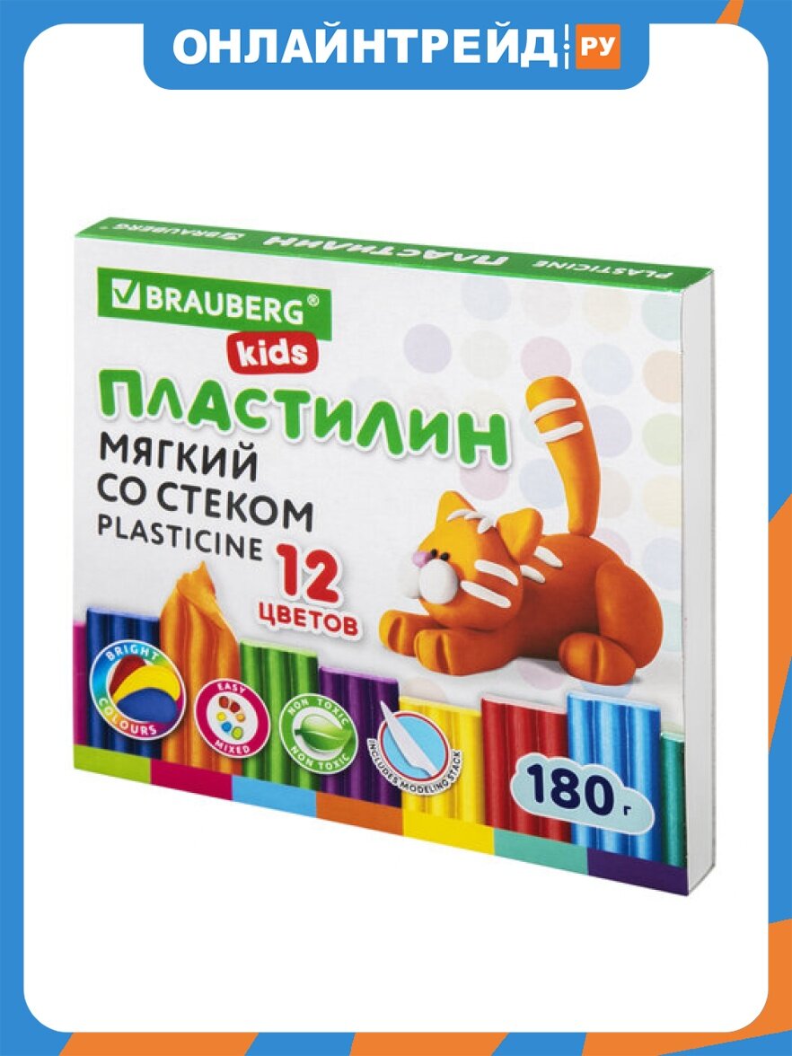 Пластилин Brauberg мягкий восковой KIDS, 12 цветов, 180 г, со стеком, 106495